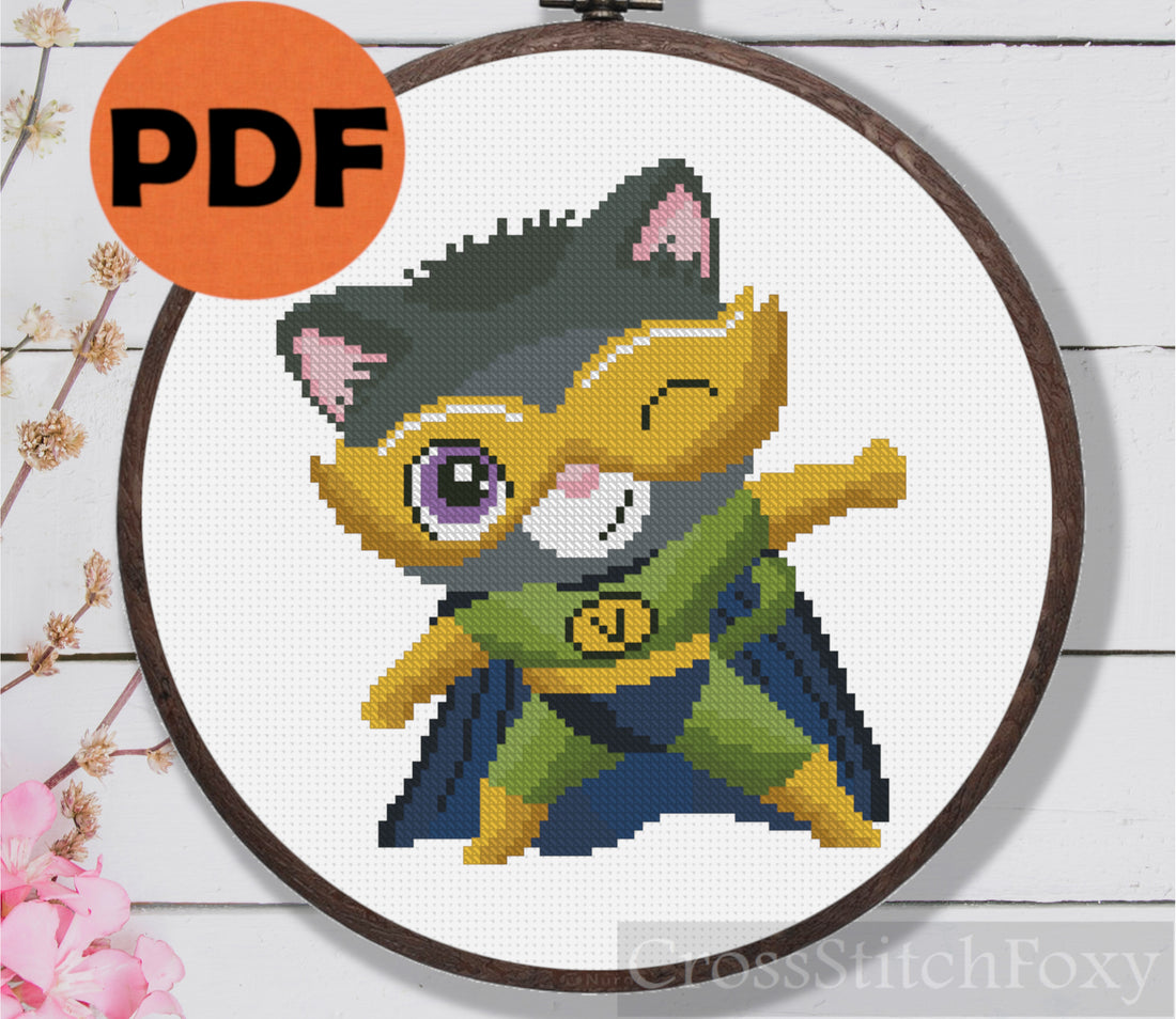 Superhero Cat cross stitch pattern – Cross Stitch Foxy