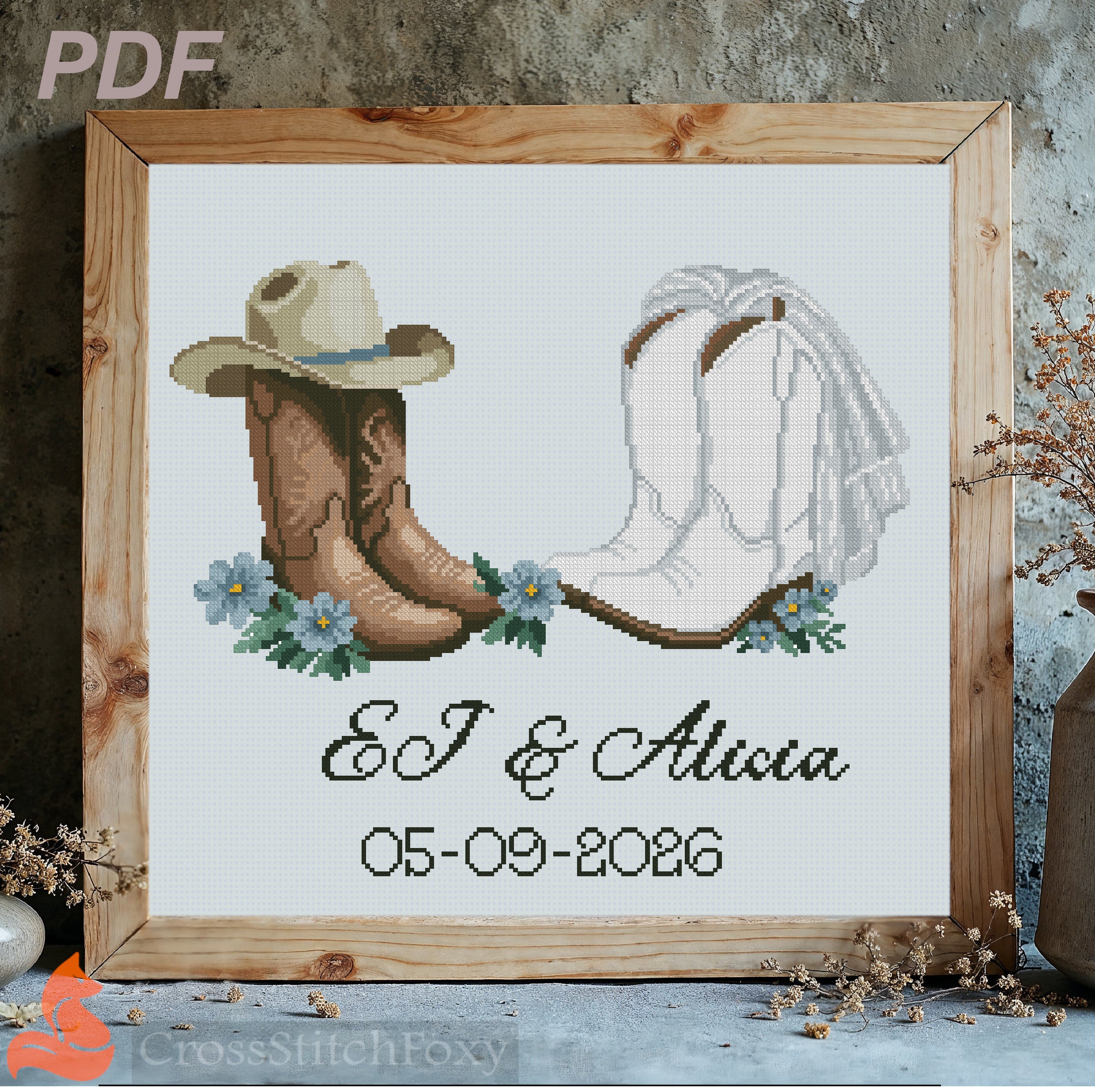 Wedding Cowboy Boots Cross Stitch Pattern, Blue Gray Theme + Brush Alp ...