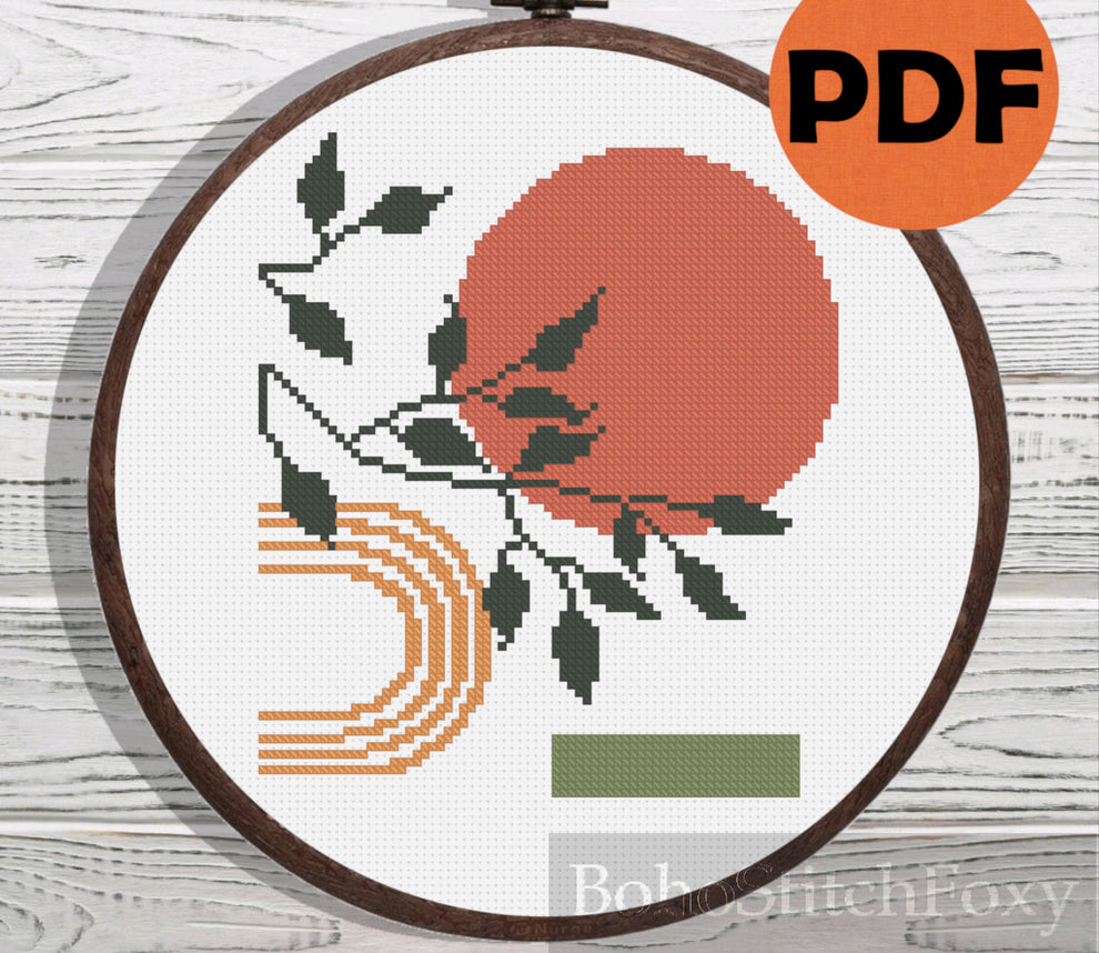 Abstract boho leaves and sun cross stitch pattern – Cross Stitch Foxy
