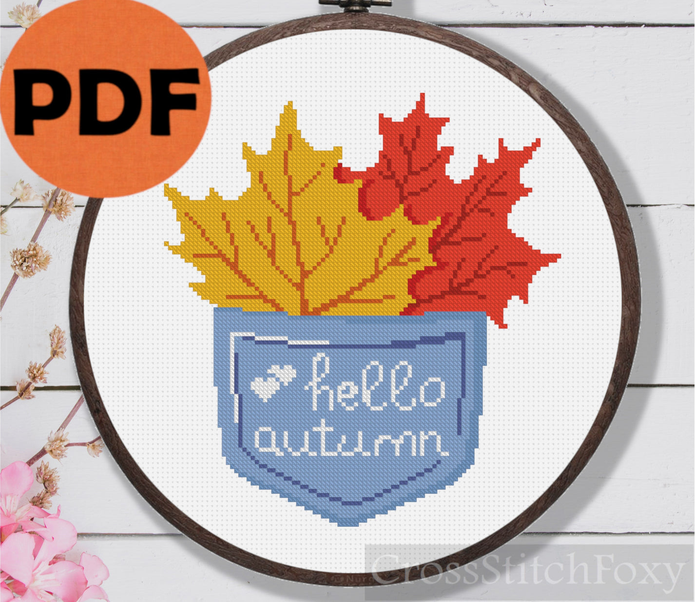 Fall Leaves Pocket Hello Autumn Cross Stitch Pattern – Cross Stitch Foxy