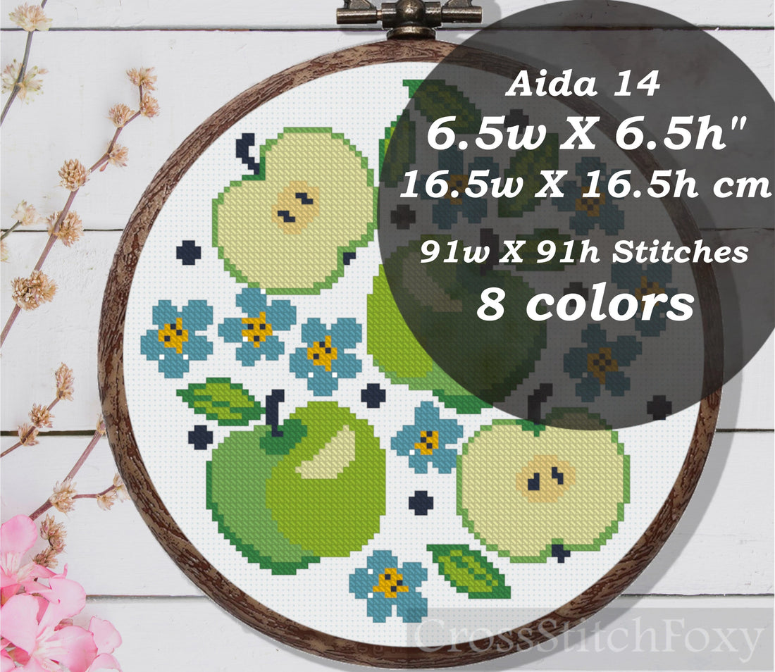 Green Apples Flowers Cross Stitch Pattern PDF – Cross Stitch Foxy