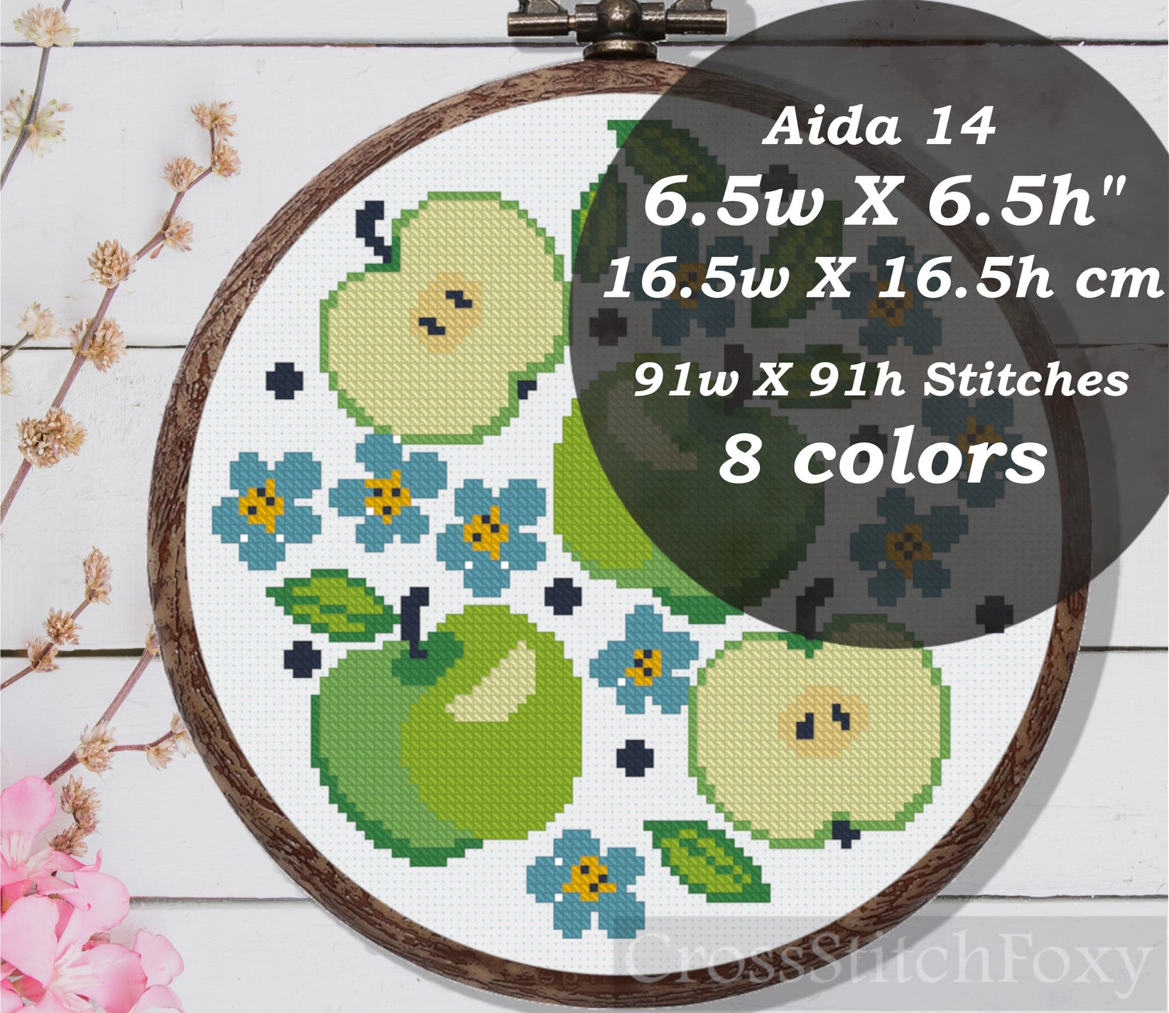 Green Apples Flowers Cross Stitch Pattern PDF – Cross Stitch Foxy