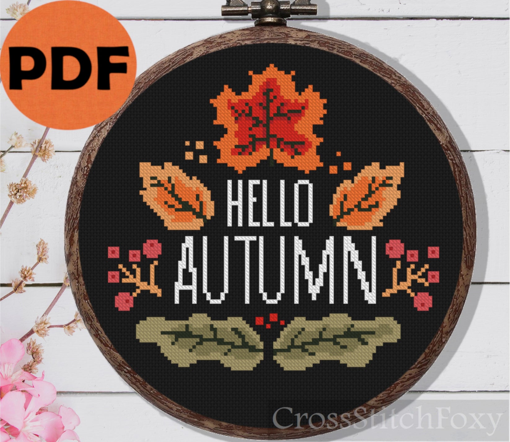 Hello Autumn Fall Leaves Cross Stitch Pattern PDF – Cross Stitch Foxy
