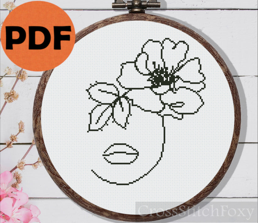 One line art female portrait cross stitch – Cross Stitch Foxy