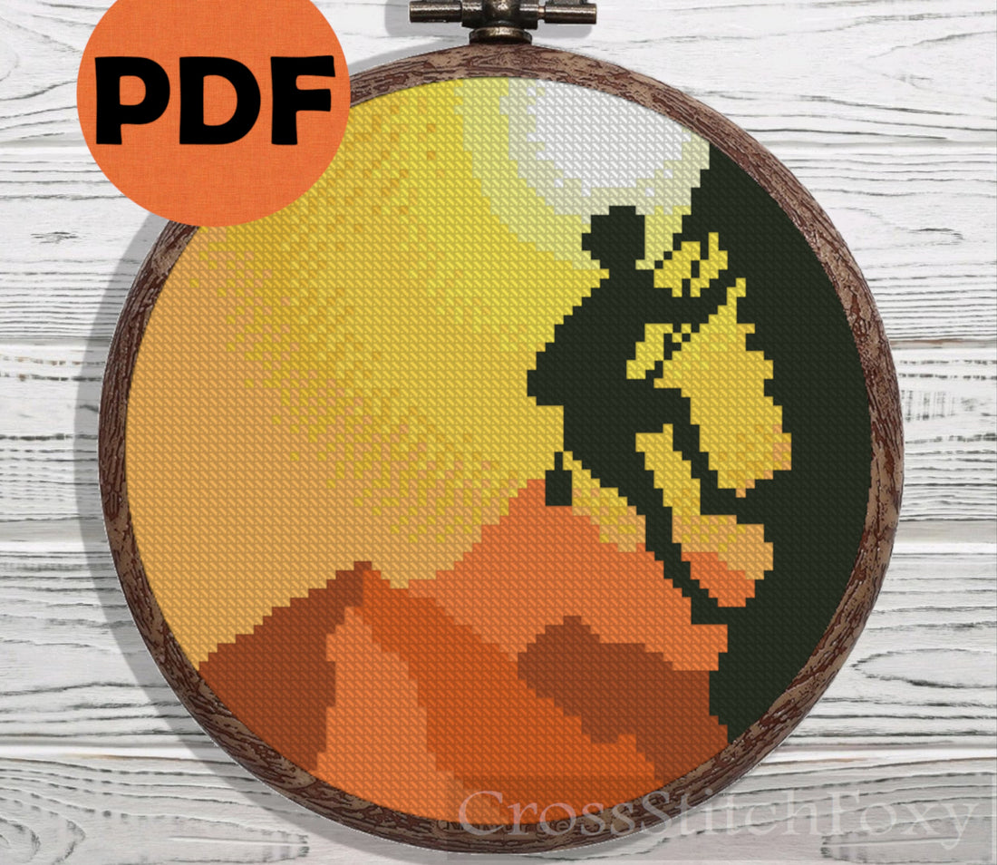 Sunset rock climber cross stitch pattern – Cross Stitch Foxy
